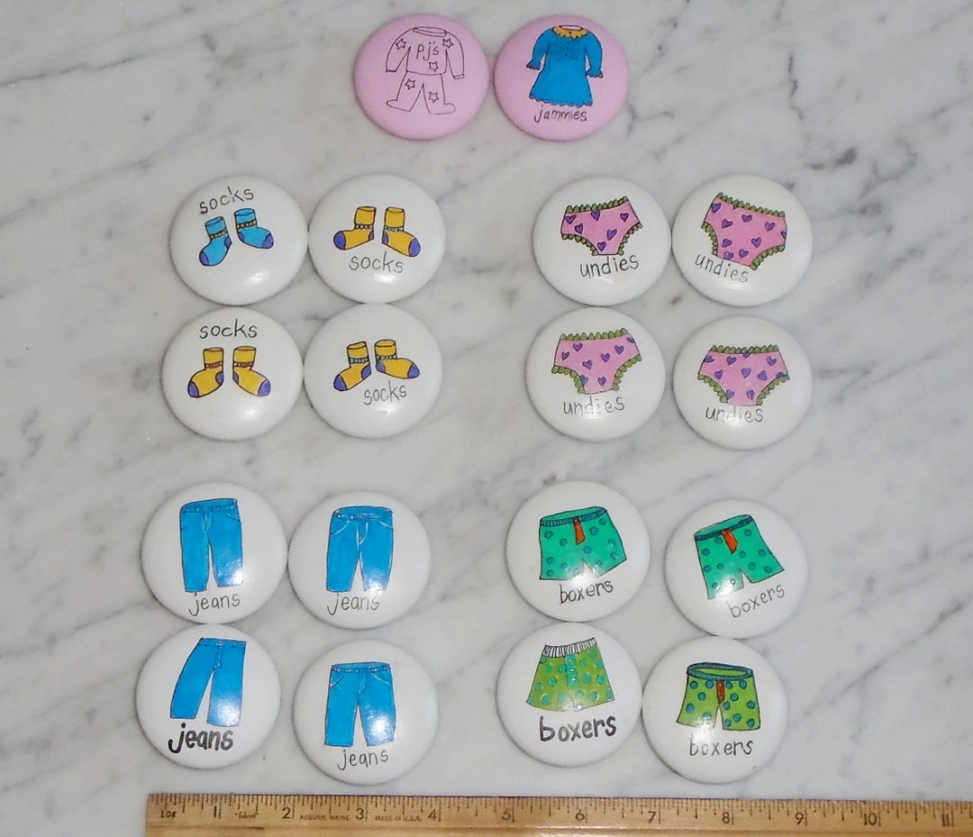 Wood Dresser Drawer Pull Knobs W Socks Pants Shirts Boxers Undies Litho ...