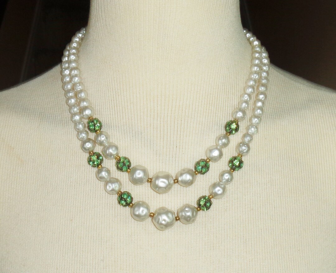 Peridot Rhinestone & White Faux Pearl Bead 2 Strand 20 Inch Vintage ...