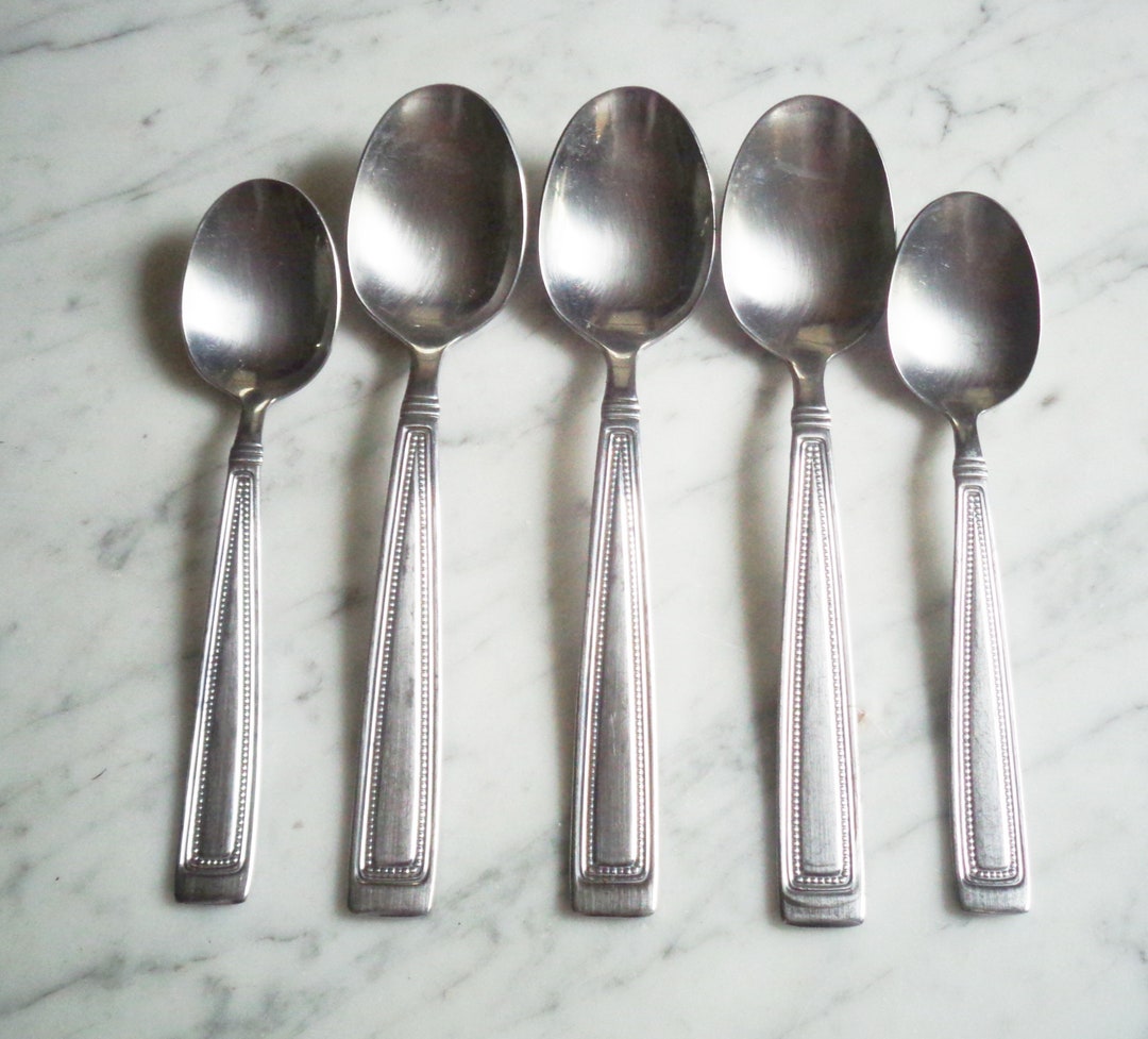 Oneida Stainless Square Beaded Handle 3 Table Soup Spoons & 2 Teaspoons ...