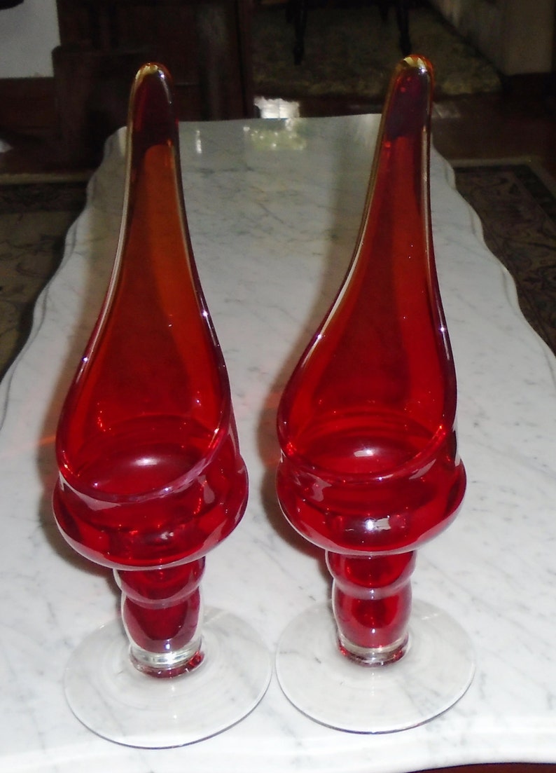 Hand Blown Swag Stretch Glass Candle Holder Vases in Red, Set of 2 ...