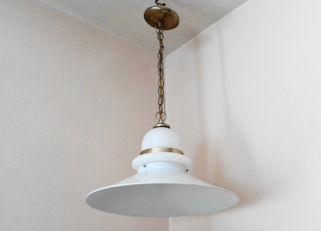 16 Inch Metal Saucer & Milk Glass Brass Pendant Light Fixture, Vintage ...