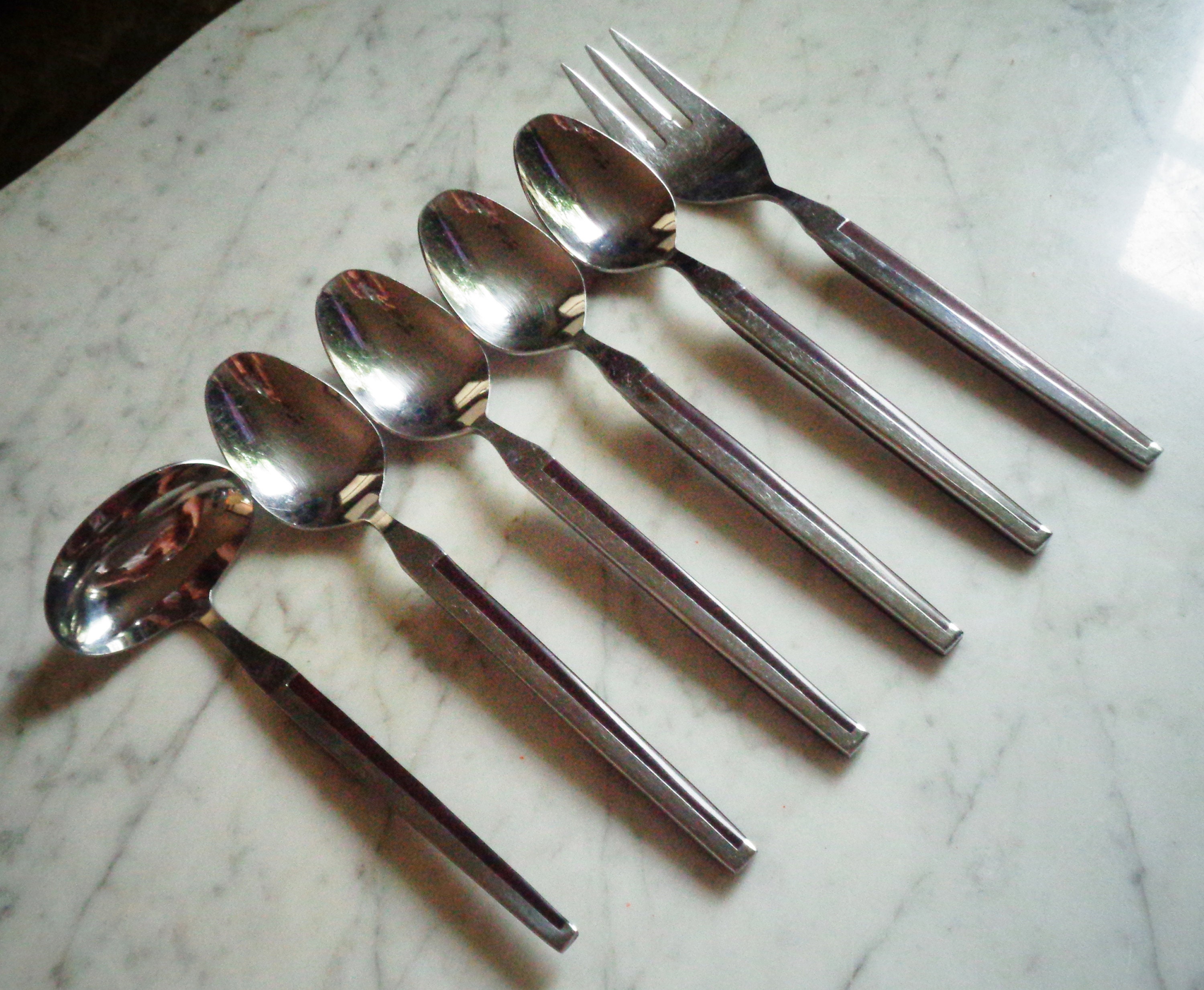 ELEGANCE Stainless Steel Brown Faux Wood Handle Serving Pieces~ Serving ...