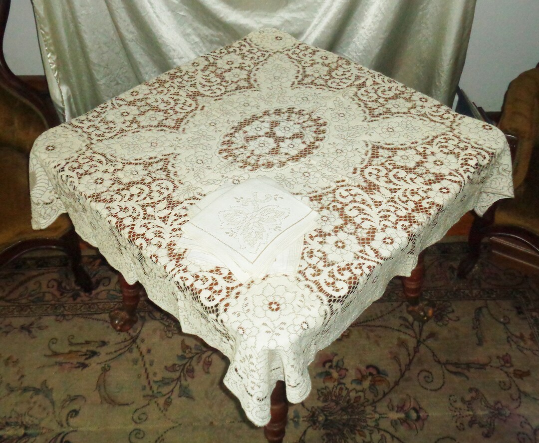 Formal Dining Floral Table Cloth 48x45 & Lattice Cloth Napkins, Vintage ...