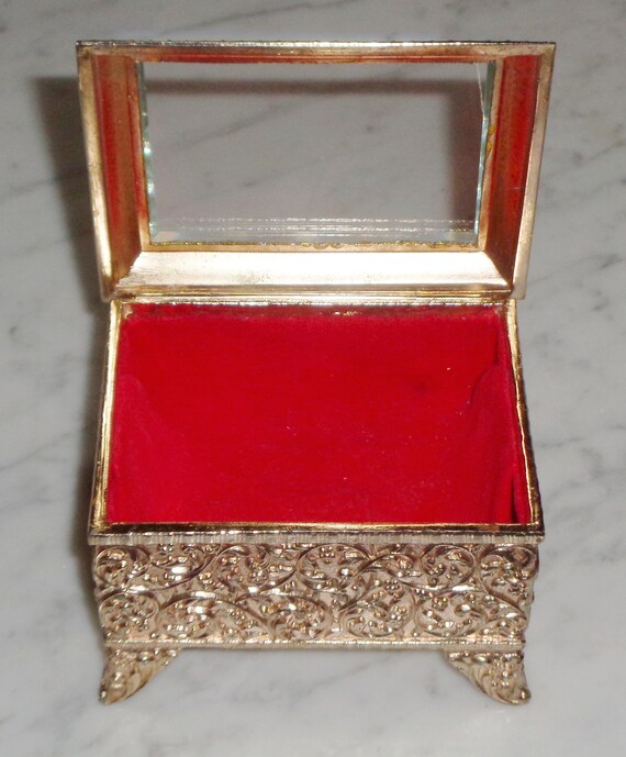 Jewelry Box Red Velvet Vintage Beveled Glass Gold Orm… - Gem