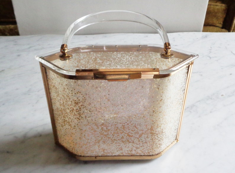 Majestic Lucite Gold & White Glitter W Brass Framing Clutch Purse ...