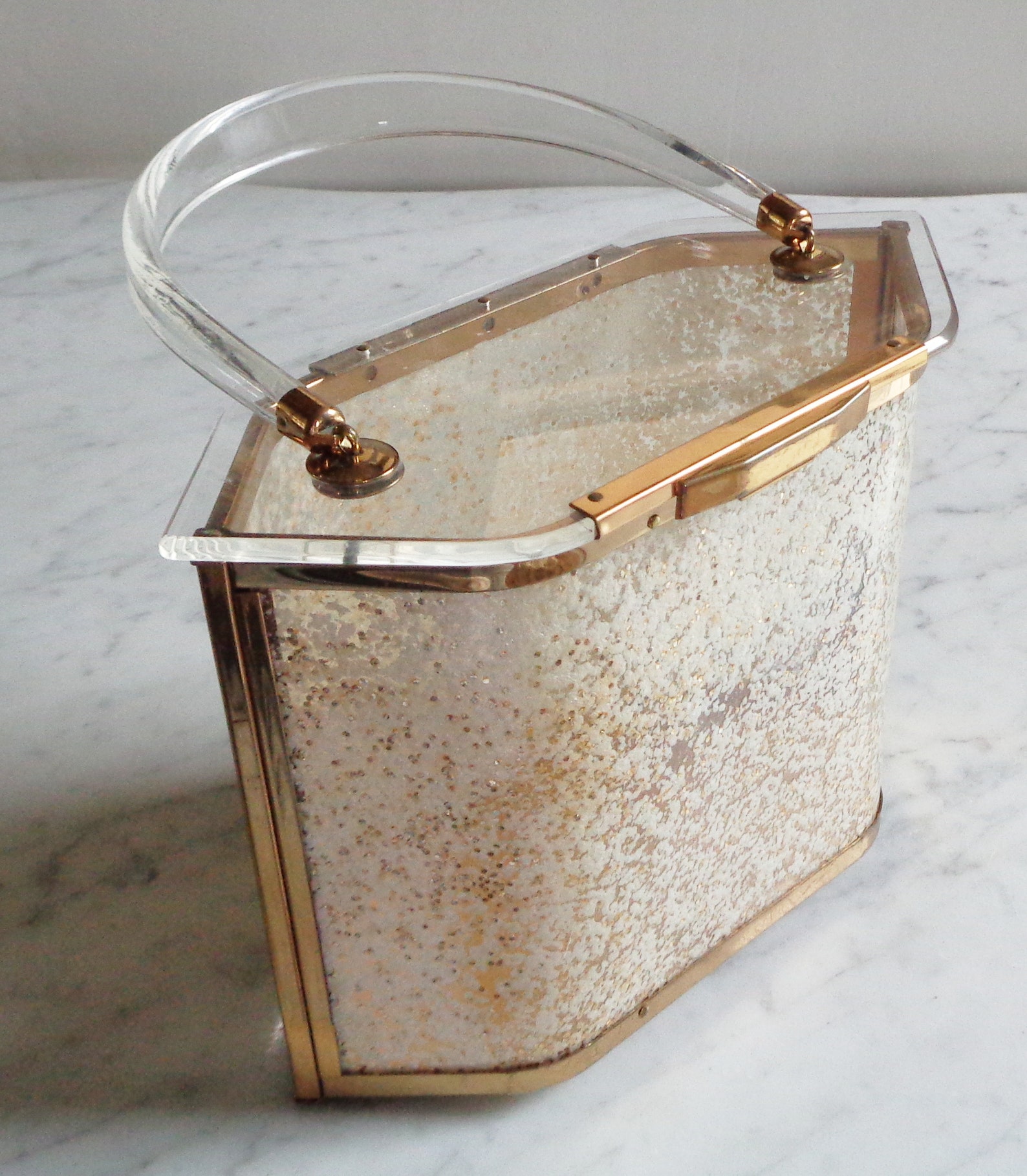 Majestic Lucite Gold & White Glitter W Brass Framing Clutch Purse ...