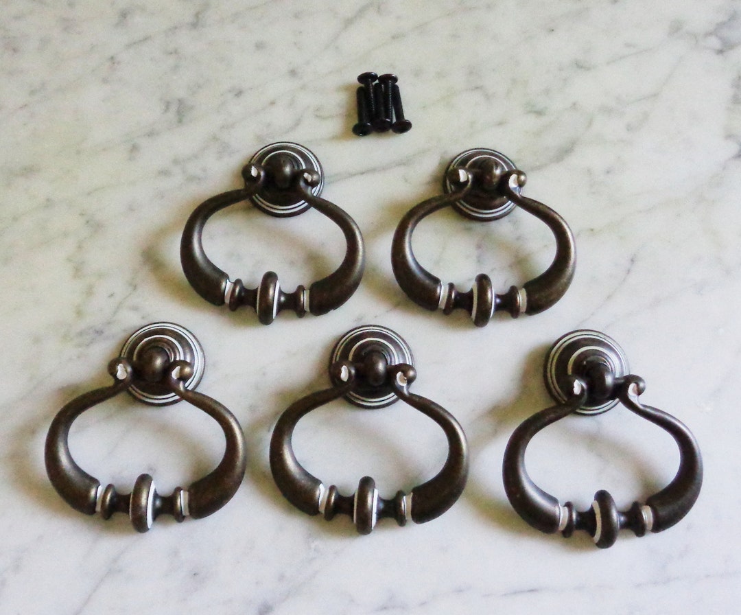 5 White Wash Brass Ring Drop Bail Knocker Pull & Back Plate Drawer ...