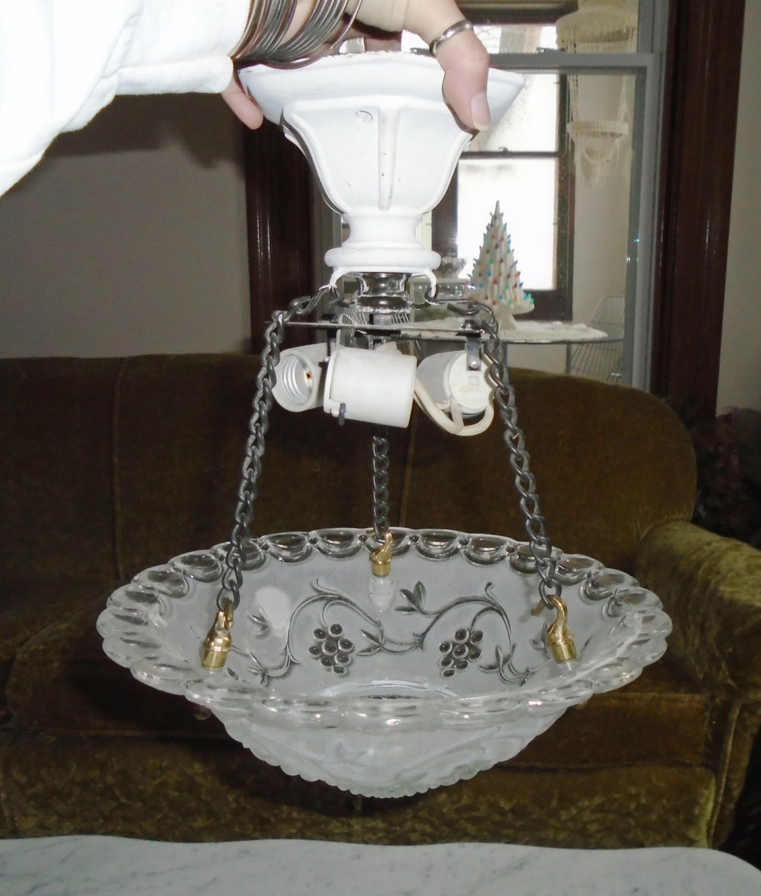 3 Chain 3 Bulb Light Fixture Antique White / Clear Grape Flower & Leaf ...