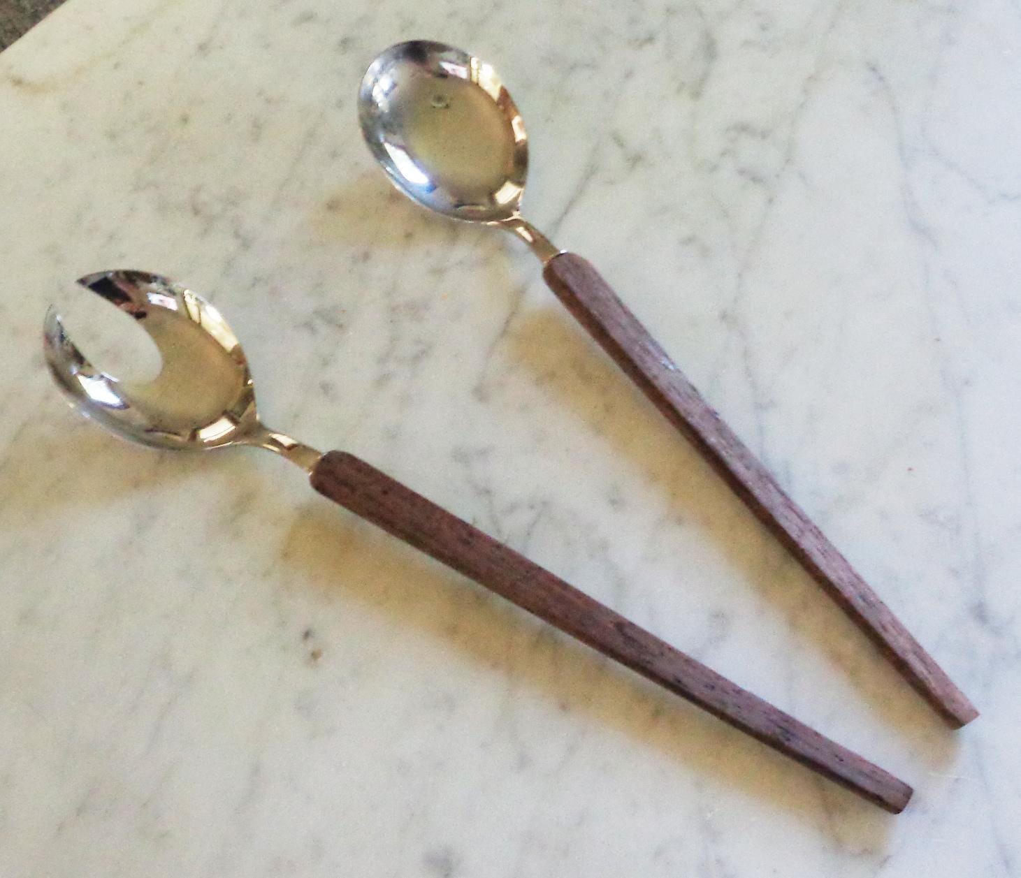 Rostfrei Stainless Germany Wood Handle Salad Serving Fork & Spoon Set ...