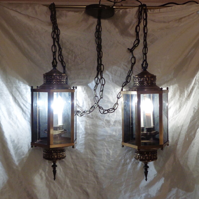 Double Hanging Pendent Light Fixture Vintage Mid Century 6 Panel ...