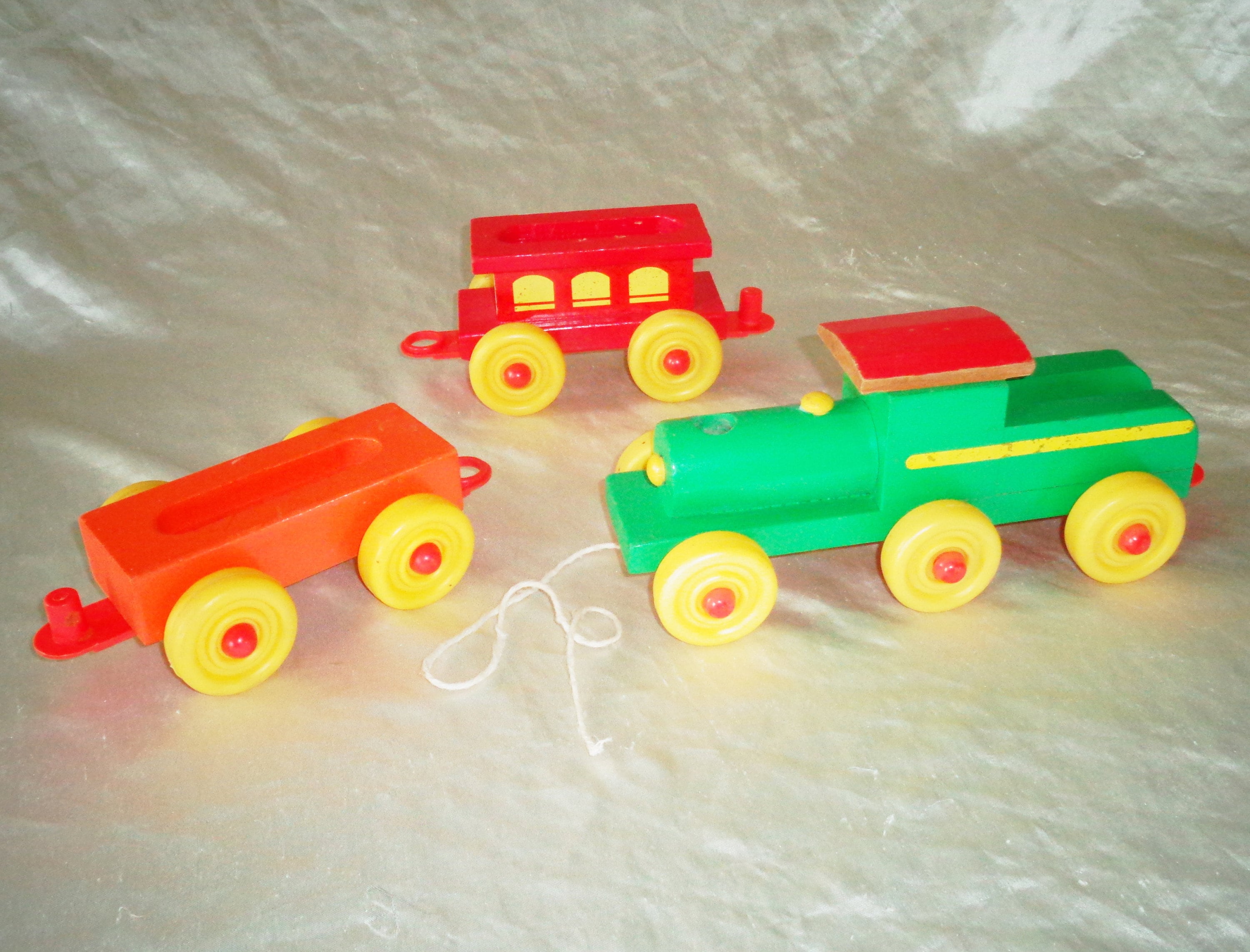 Vintage Wooden Toy Train With Pull String Engine Coboose - Etsy