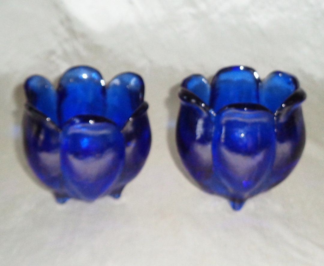Cobalt Blue Tripod Tulip Lotus Flower Candle Holder Candy Dishes Set of ...