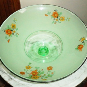 Green Depression Glass Compote With Frosted Body & Applied Flowers ...