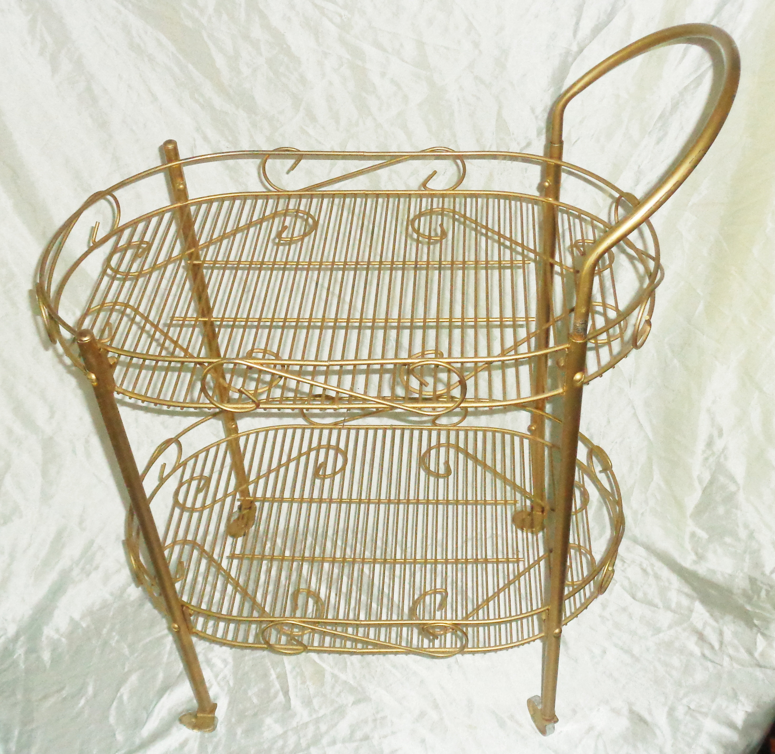 Oval Wheeled Tea Cart ~ Gold Iron Rod 2 Tier ~ Vintage Retro Mid ...