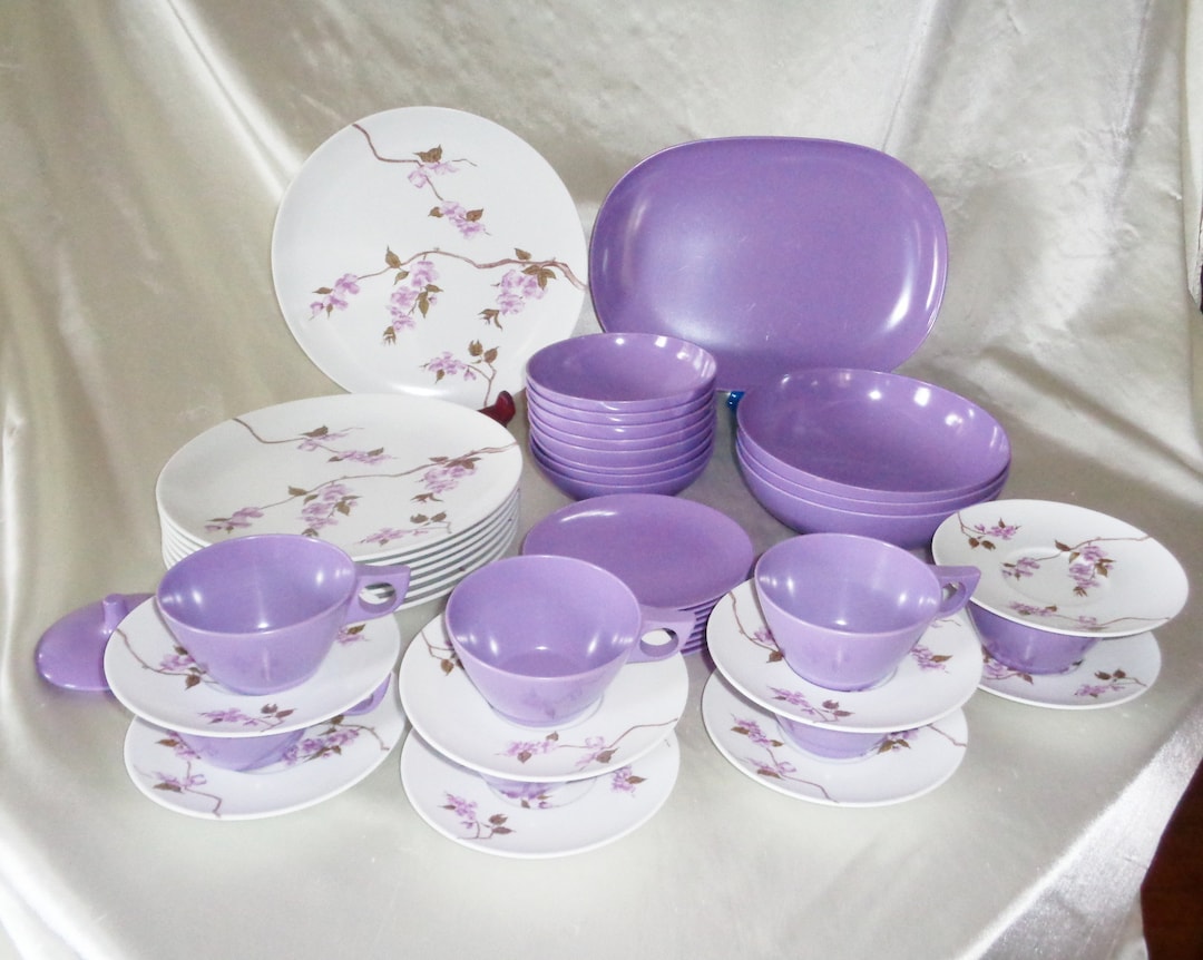 44pc Texas-ware PMC Purple Flower Melamine Melmac Dish Set Service for ...