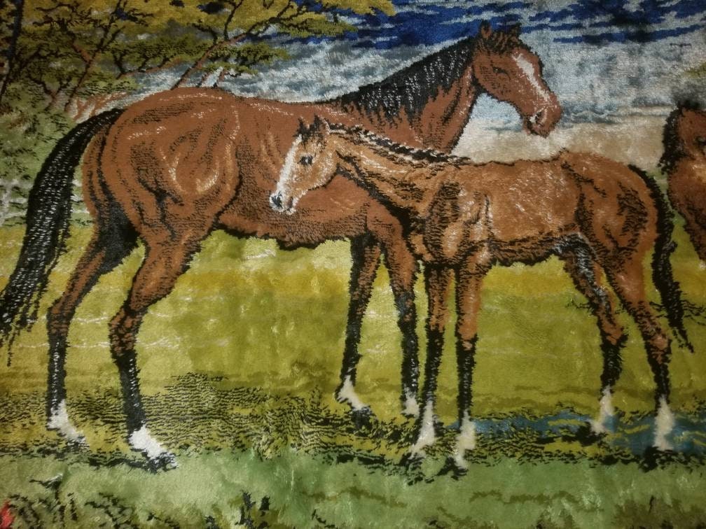 Vintage 19x37 Poppy Horse Carpet Tapestry Fabric Indian Blanket Ikat ...