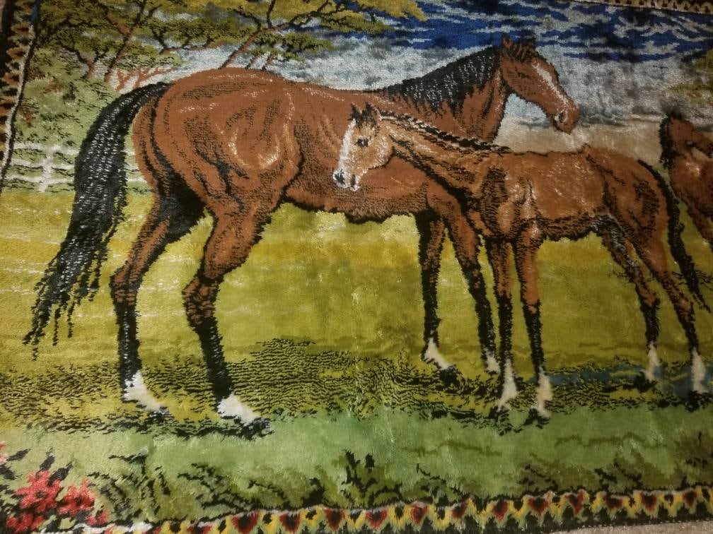 Vintage 19x37 Poppy Horse Carpet Tapestry Fabric Indian Blanket Ikat ...