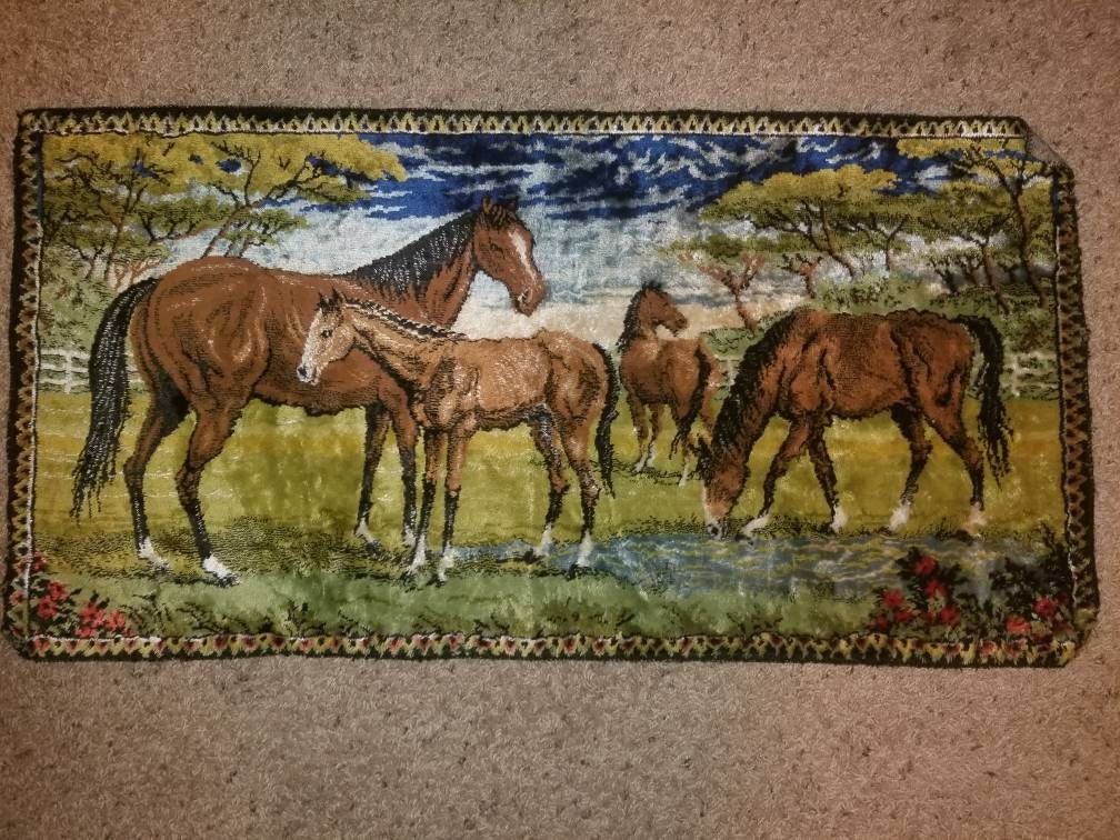 Vintage 19x37 Poppy Horse Carpet Tapestry Fabric Indian Blanket Ikat ...
