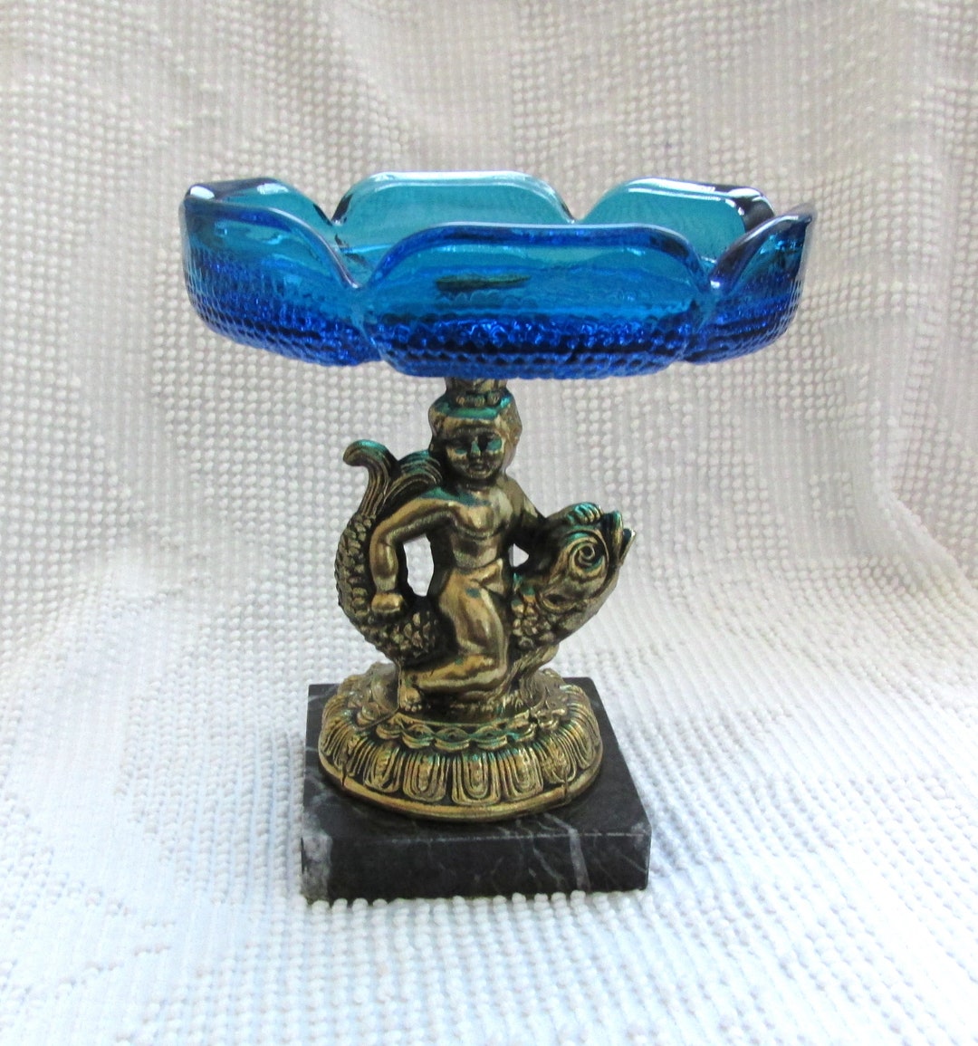 Vintage Cherub on Carp Pedestal With Blue Art Glass Compote Hollywood ...