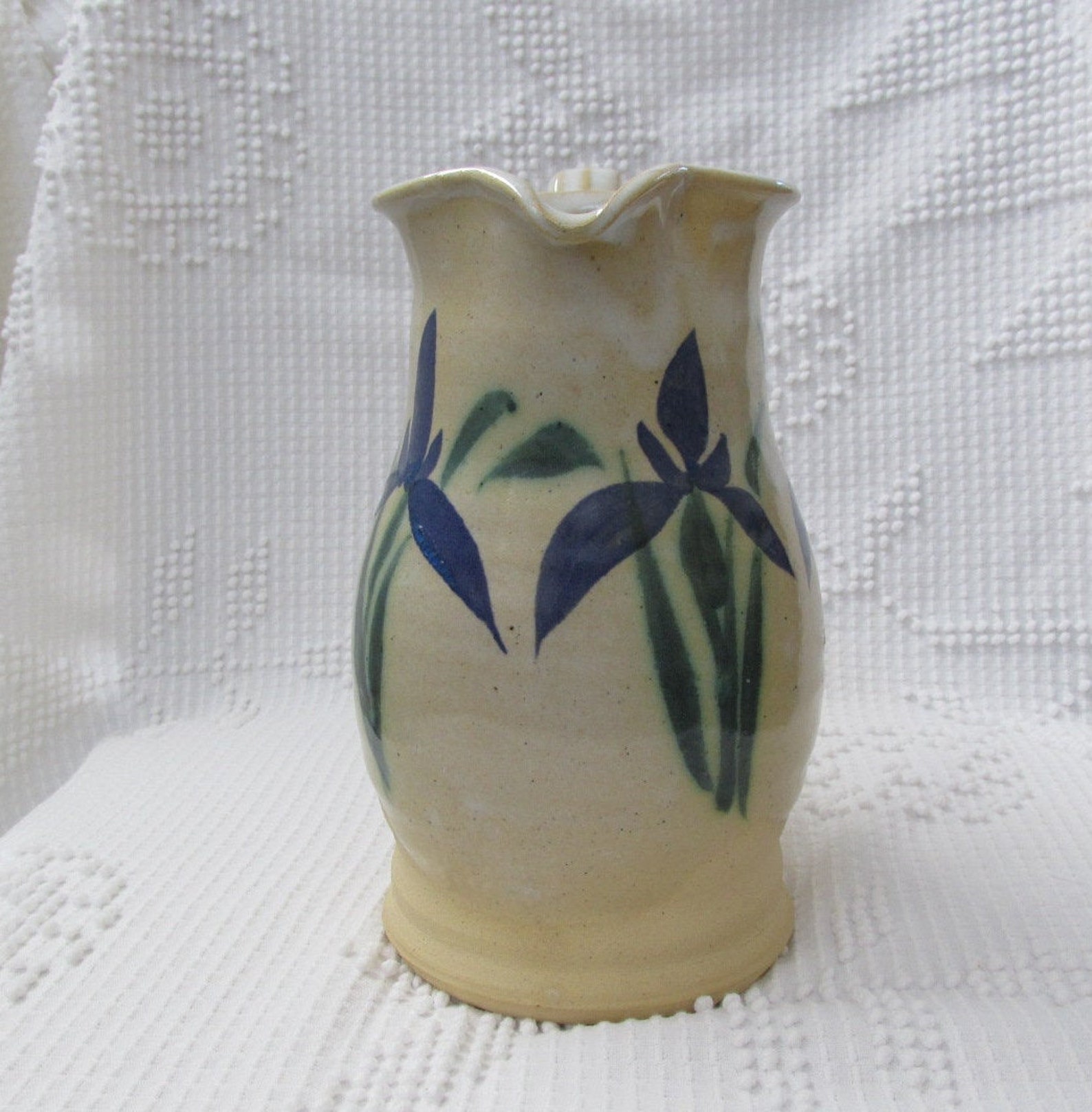Vintage Blue Iris Pottery Pitcher Clay Stoneware Ceramic Vase Serve ...