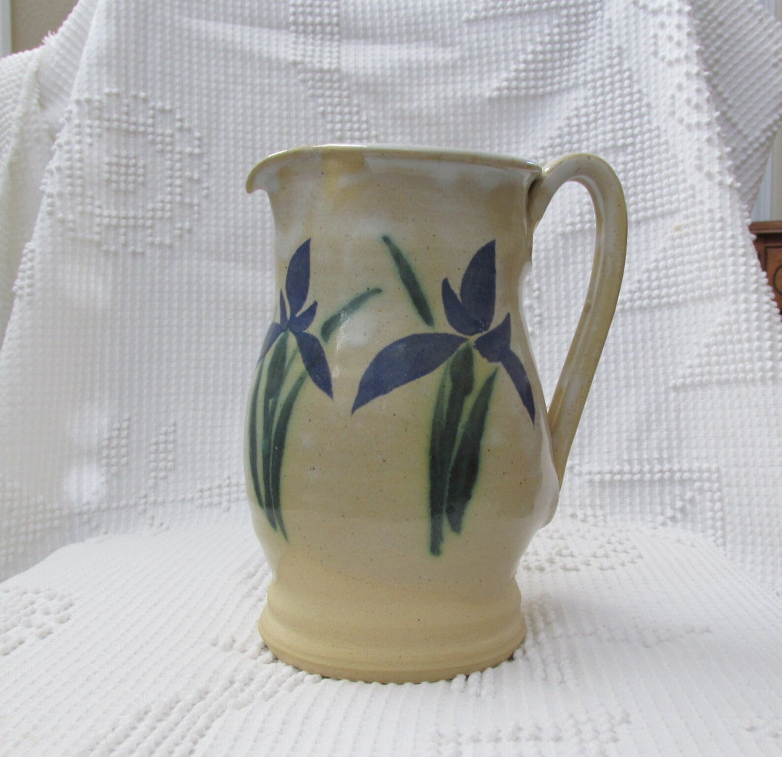Vintage Blue Iris Pottery Pitcher Clay Stoneware Ceramic Vase Serve ...