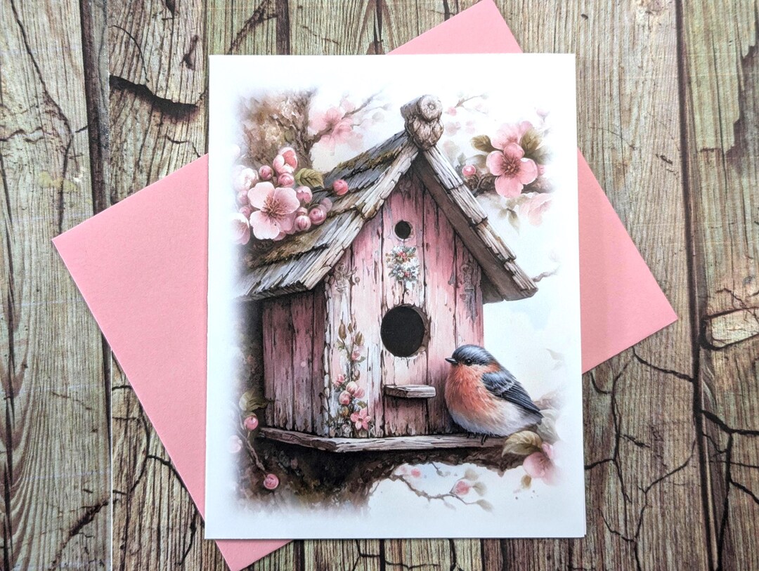 Bird Note Cards: Pink Birdhouse, Handmade, Flowers - Etsy