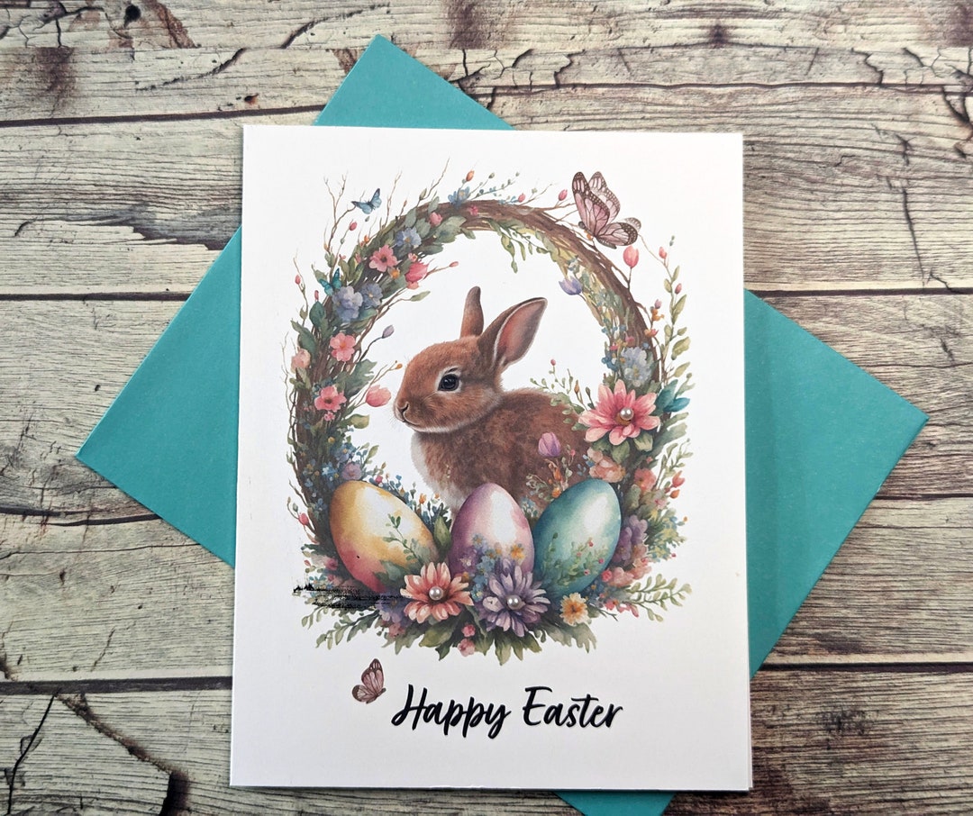 Easter Greeting Card - Easter Bunny Card - Bunny Easter Wreath - Easter ...