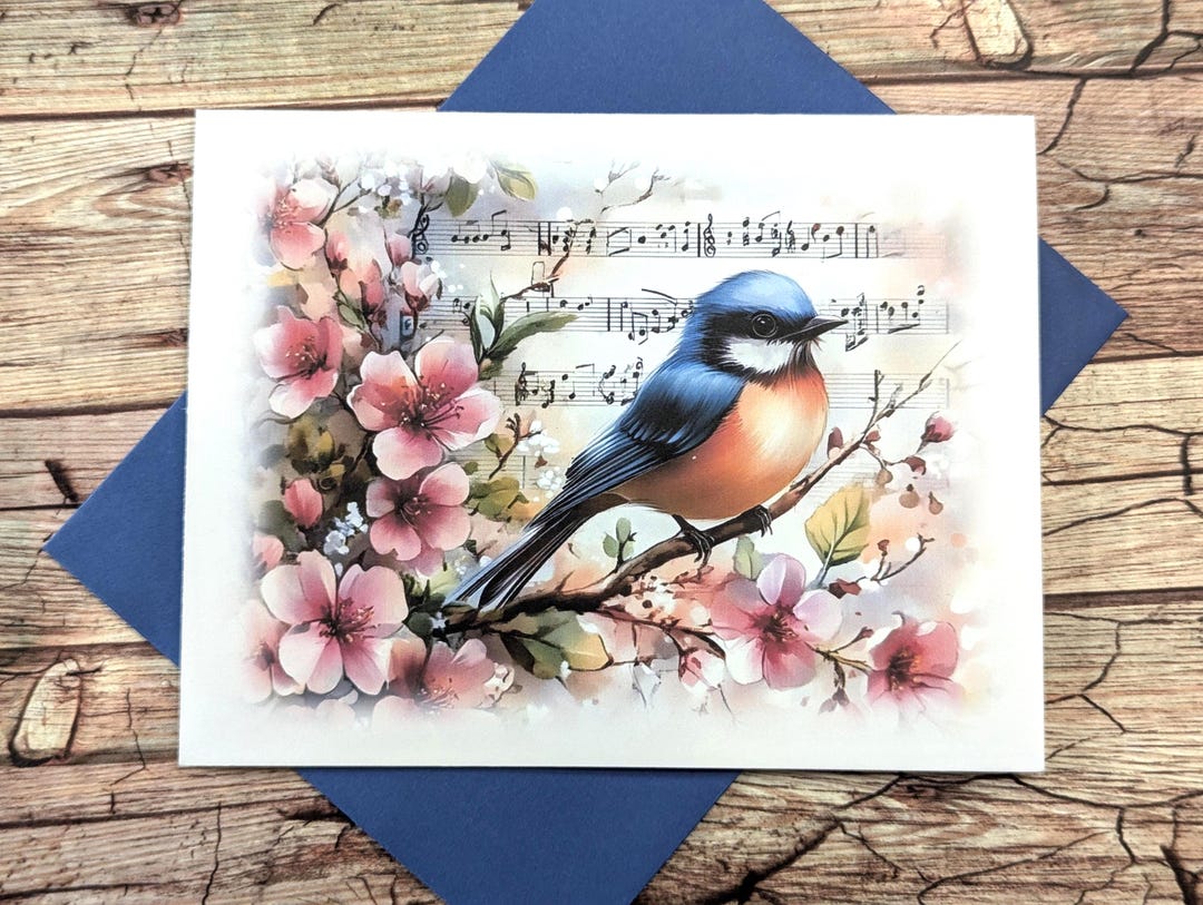 Bird Note Cards: Handmade All Occasion, Songbird on Branch With Music ...