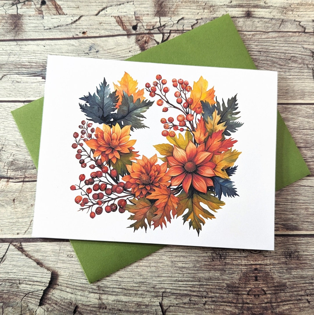 Fall Notecards, Autumn Floral Wreath Note Card Set, Watercolor Fall ...