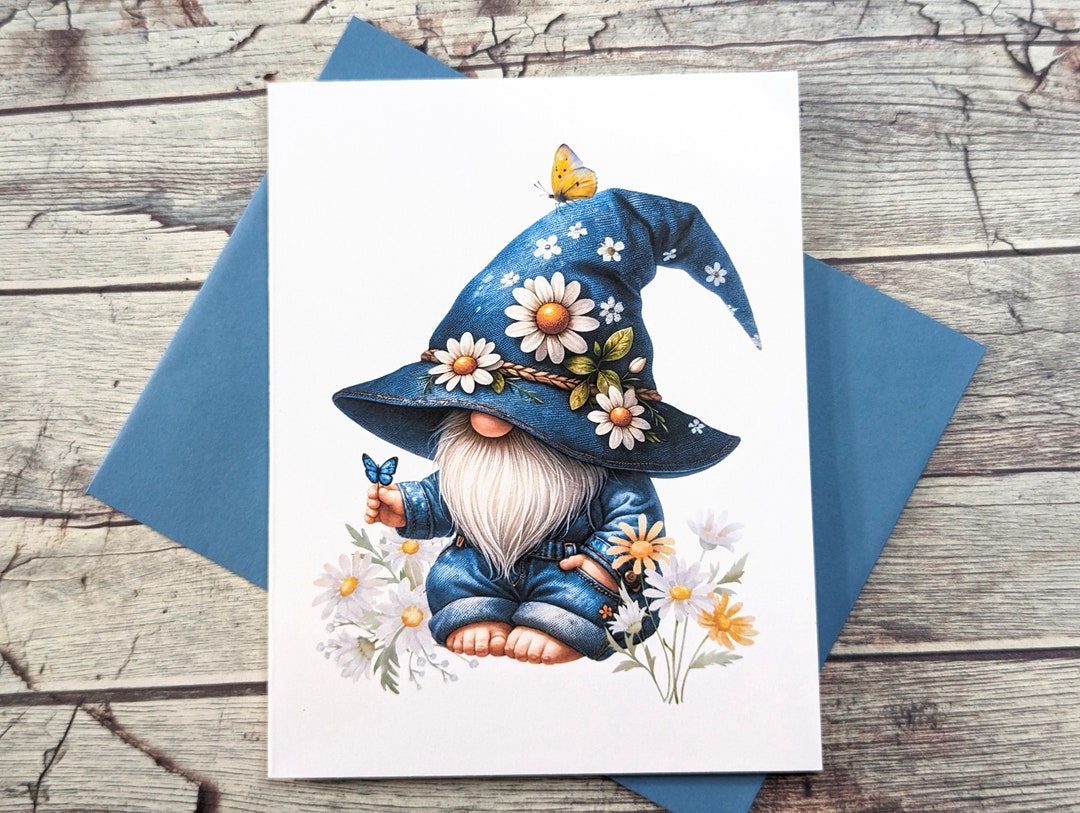 Gnome Greeting Cards - Blue Gnome - Garden Gnome - Daisy Card - Blue ...