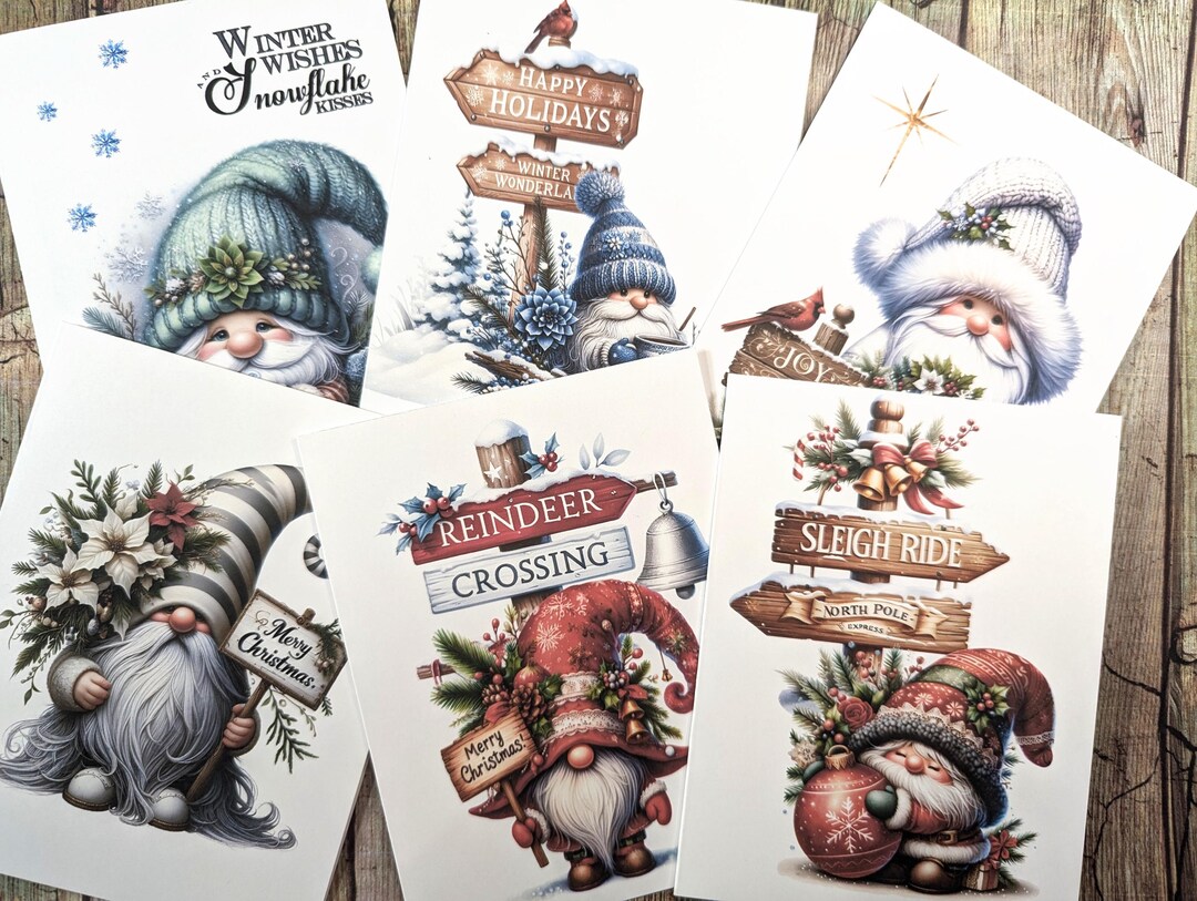 Gnome Christmas Cards Assorted Cards Assorted Set of 6 Gnome Greeting ...
