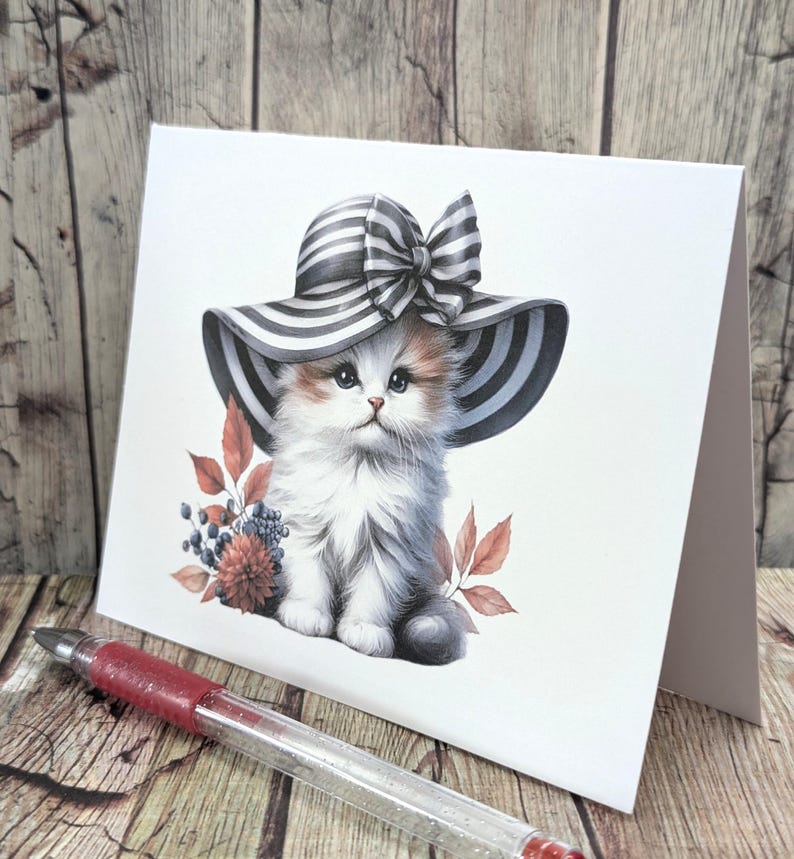 Handmade Cat Note Cards: Kitten in Floppy Hat and Bow - Etsy