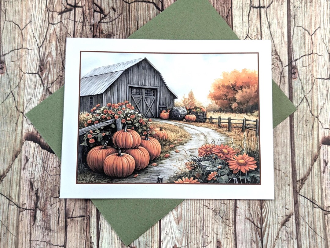 Handmade Fall Note Cards With Country Landscape: Rustic Barn, Pumpkin ...