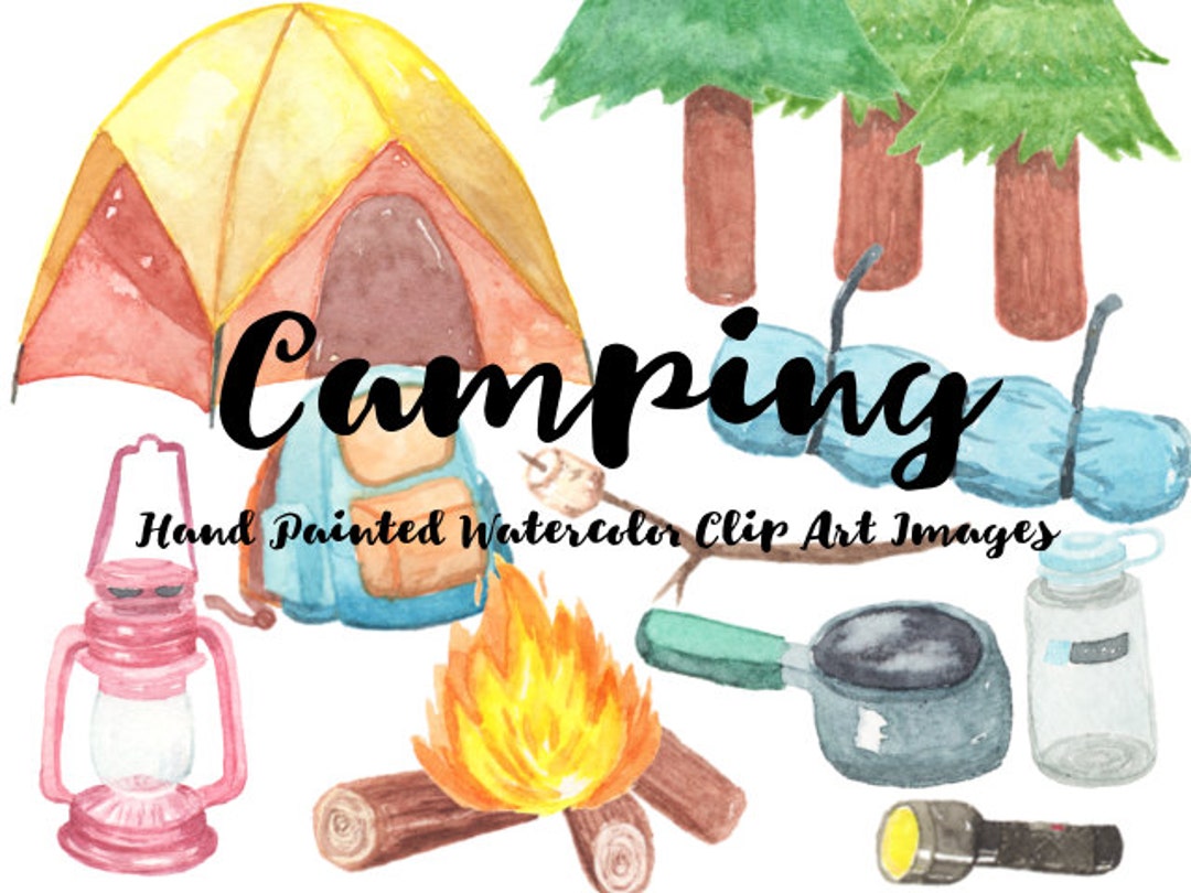 Camping Watercolor Clip Arts Scrapbooking Digital Files Hiking Campfire ...