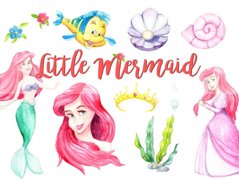 Little Mermaid Ariel Watercolor Clipart Digital Disney - Etsy