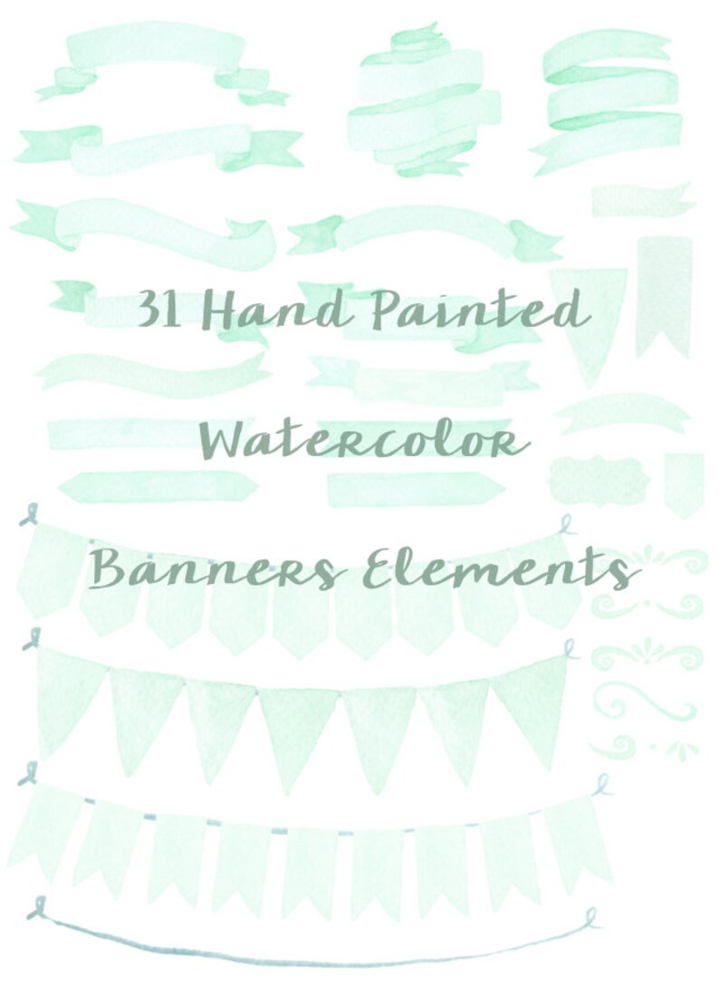 Mint Banners Watercolor Clip Arts Green Border Ribbon Wedding ...