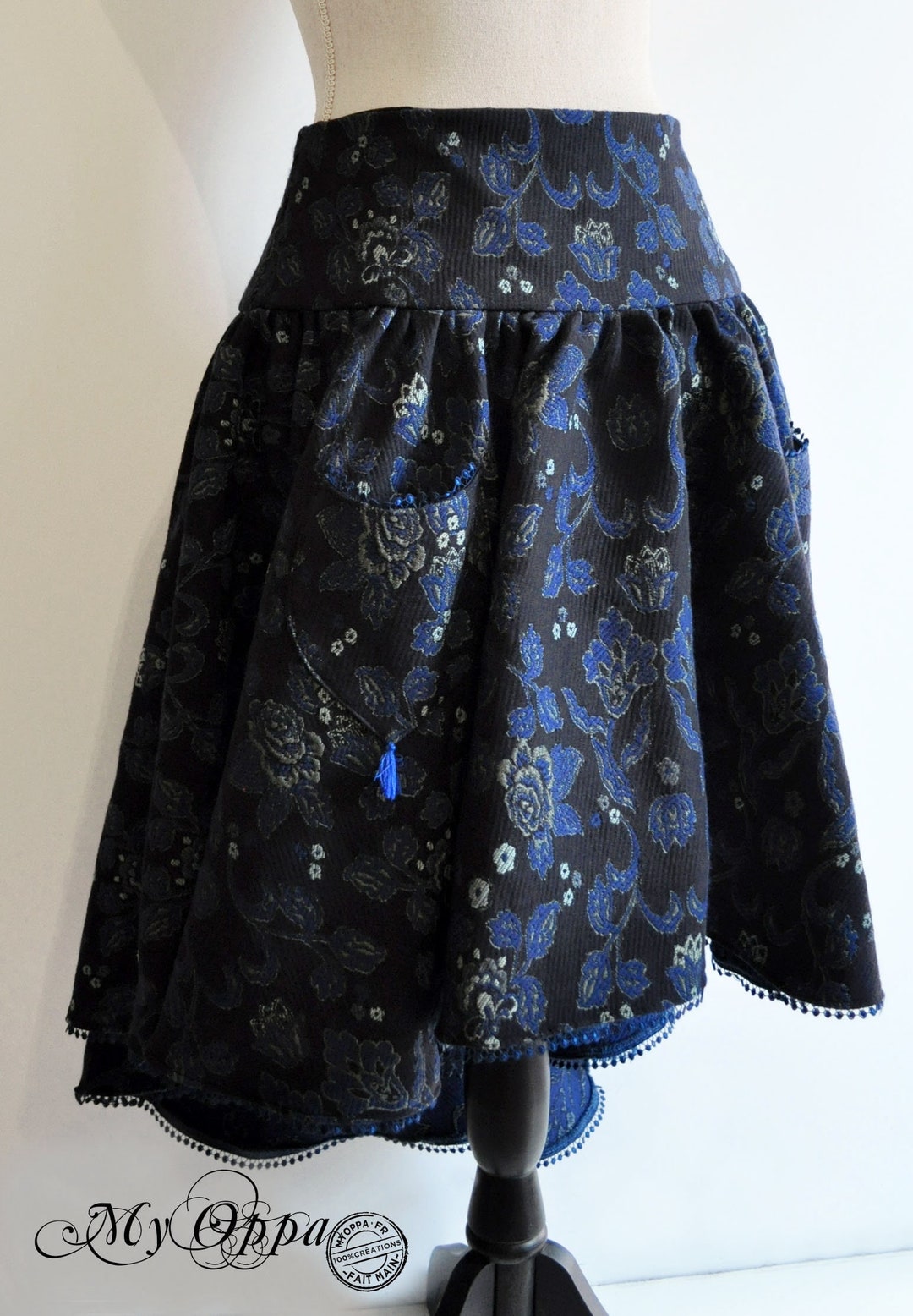 Double-sided Black Blue Poetry Skirt T.40, Retro Victorian Bohemian ...