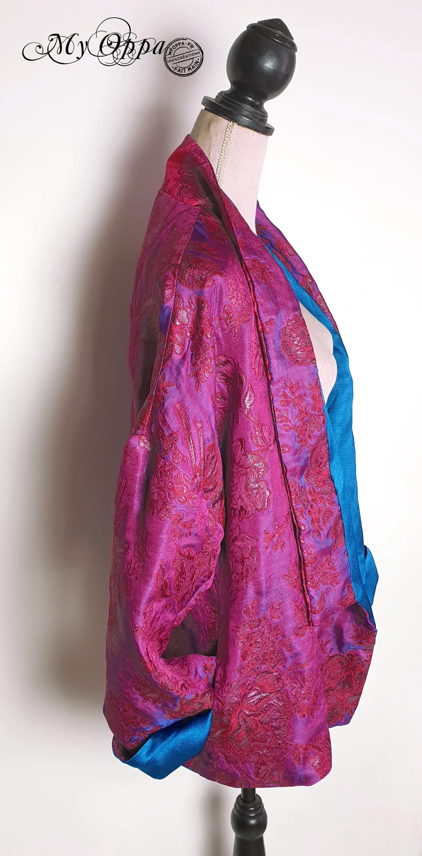 Fuchsia Blue Reflective Kimono With Reversible Obi Belt, Bohemian ...