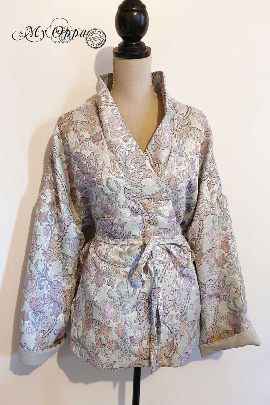 Grey/pink/blue Kimono With Obi Belt, Casual Jacket With Pockets ...