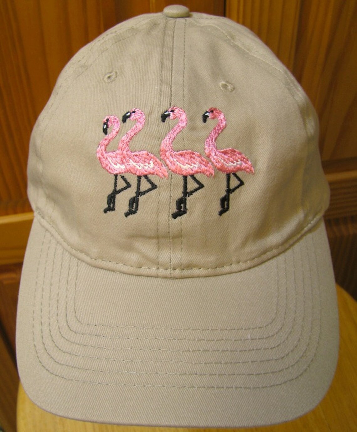 Tan Flamingo Cap. Four Flamingos on a Tan Baseball Cap. Flamingo Pink ...