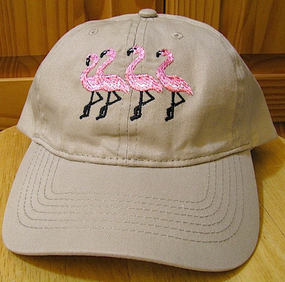 Tan Flamingo Cap. Four Flamingos on a Tan Baseball Cap. Flamingo Pink ...
