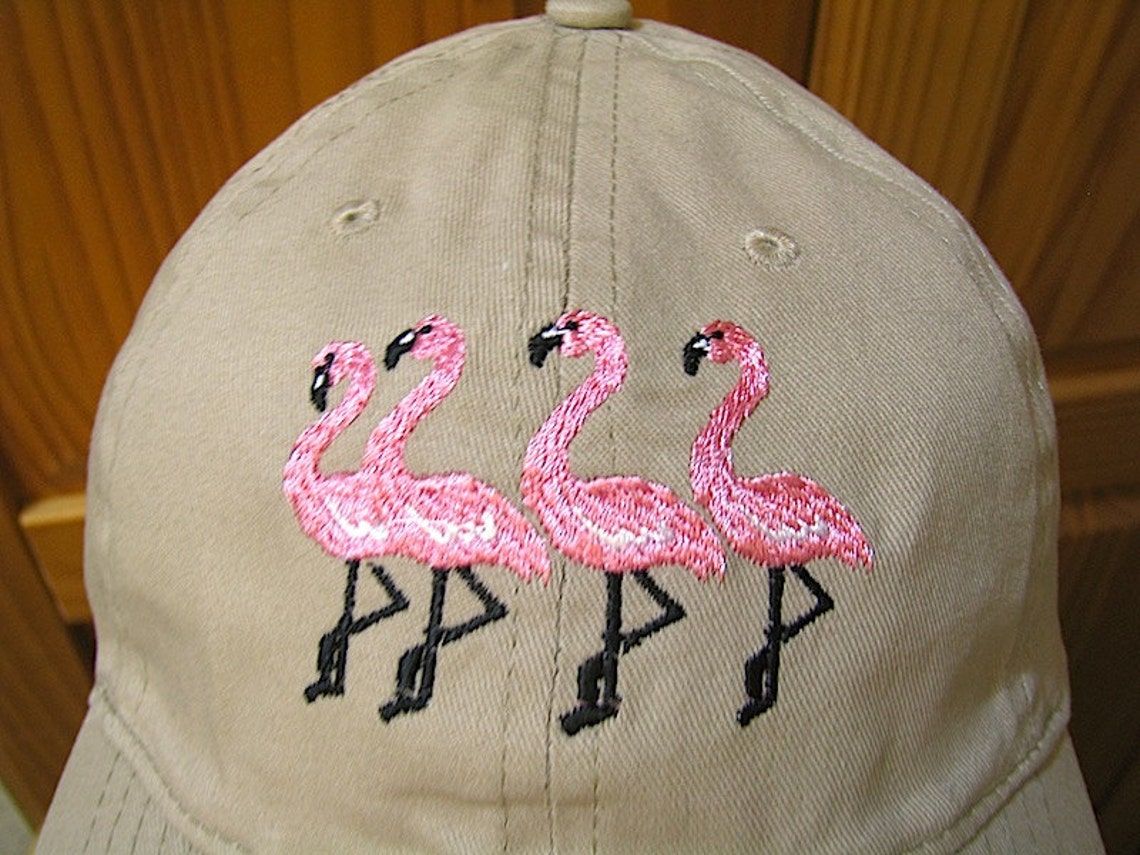 Tan Flamingo Cap. Four Flamingos on a Tan Baseball Cap. Flamingo Pink ...