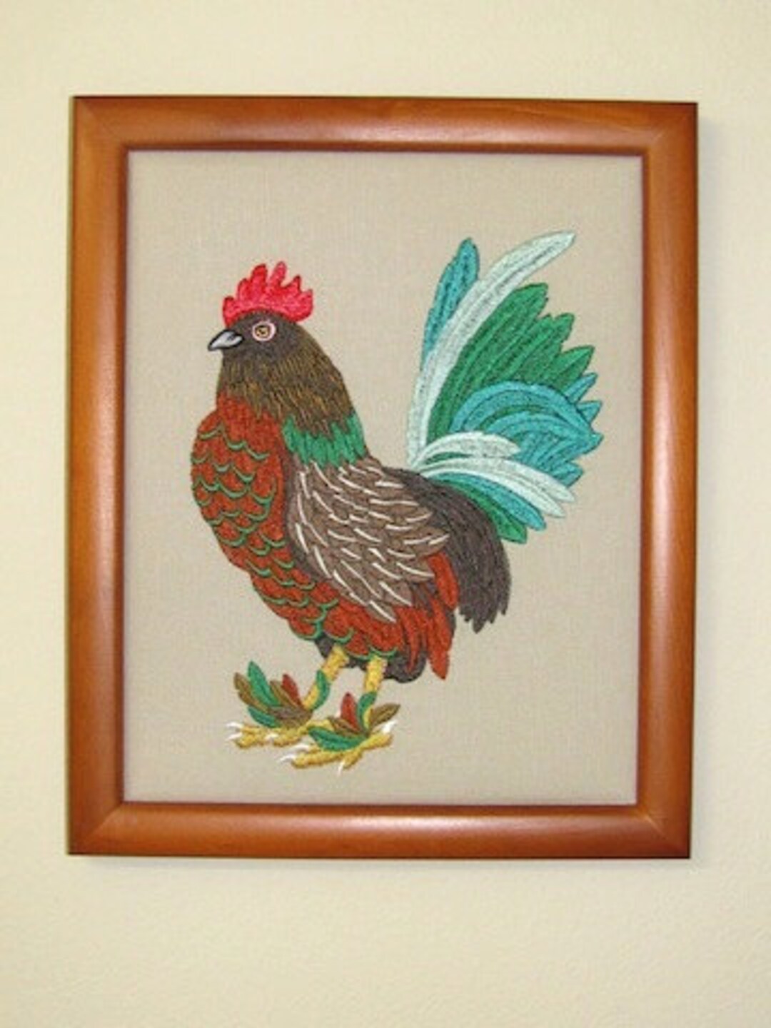 Brown Rooster in a Warm Wood Frame Withteal Feathers - Etsy