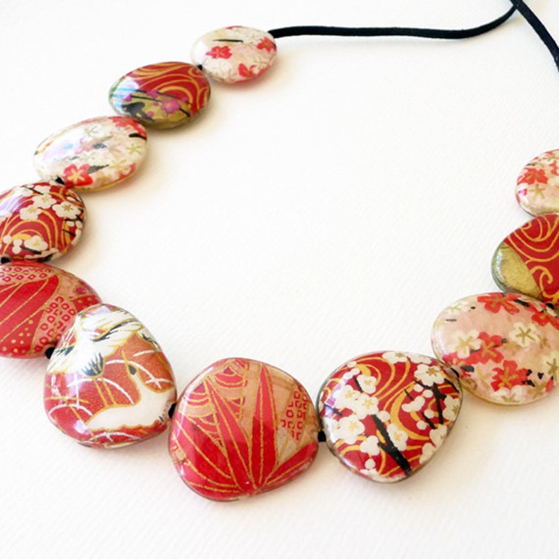Origami Red Necklace, Japanese Chiyogami Paper Decoupage and Resin ...