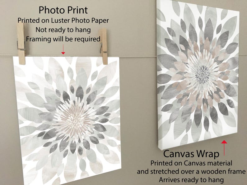 Modern Floral Wall Art Set of 3, Gray Tan & Silver Strand Flower Burst ...