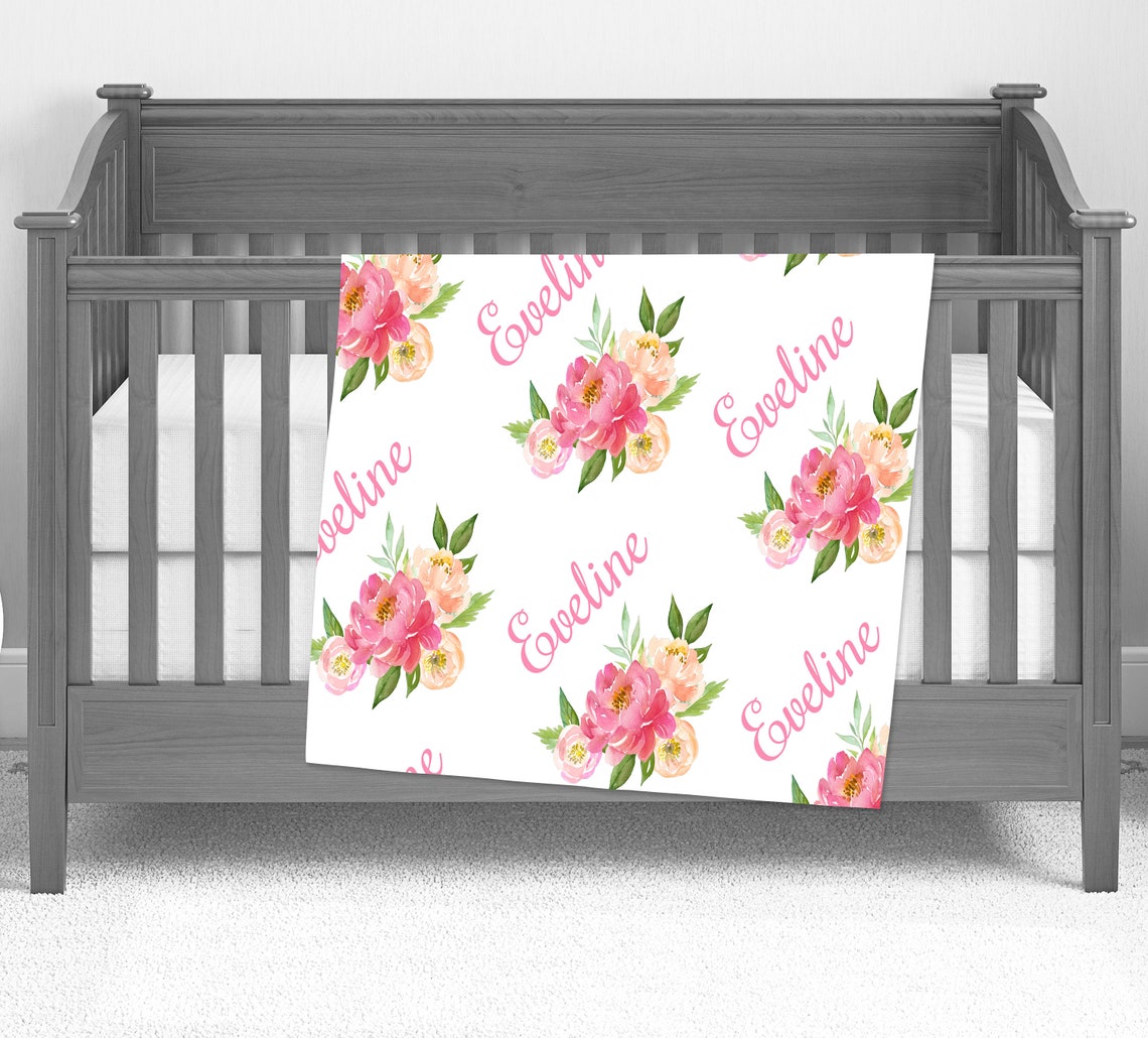 Personalized Baby Girl Name Blanket, Floral Watercolor Print Pink Peony ...