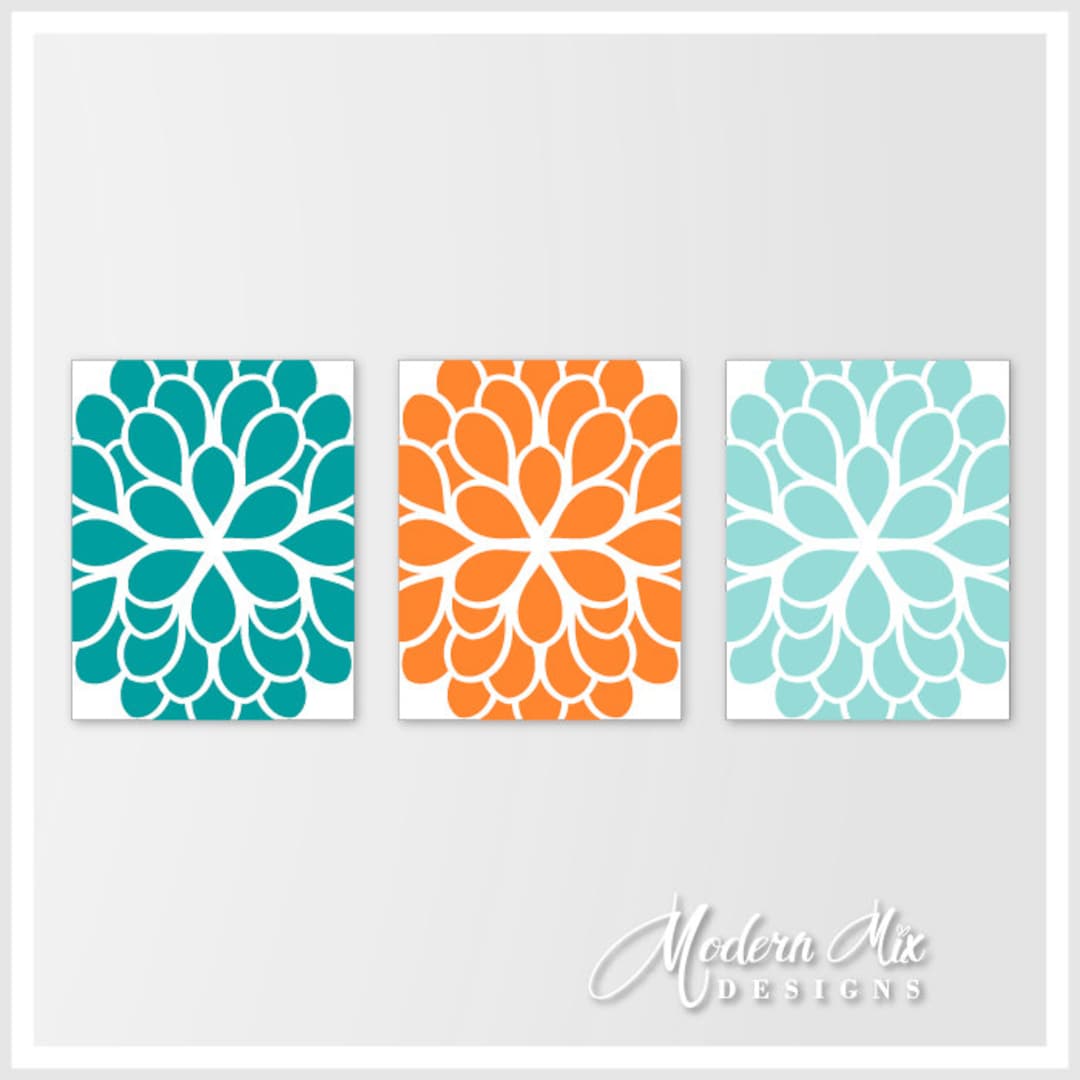 Flower Wall Art Turquoise Orange Aqua Dahlia Flower Print Trio Bedroom ...