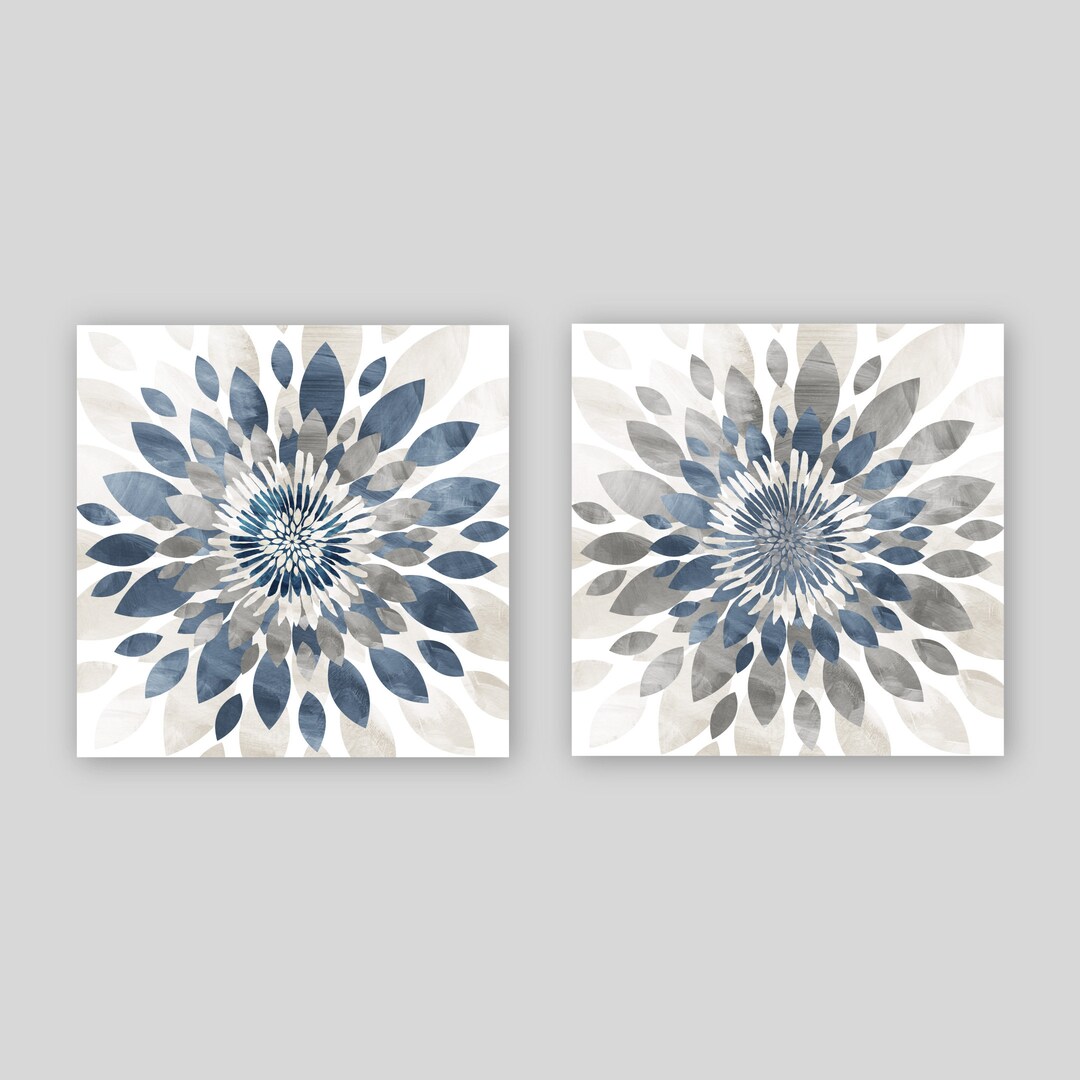 Teal Blue Flower Burst Print Set, Modern Wall Art, Unframed Prints OR ...