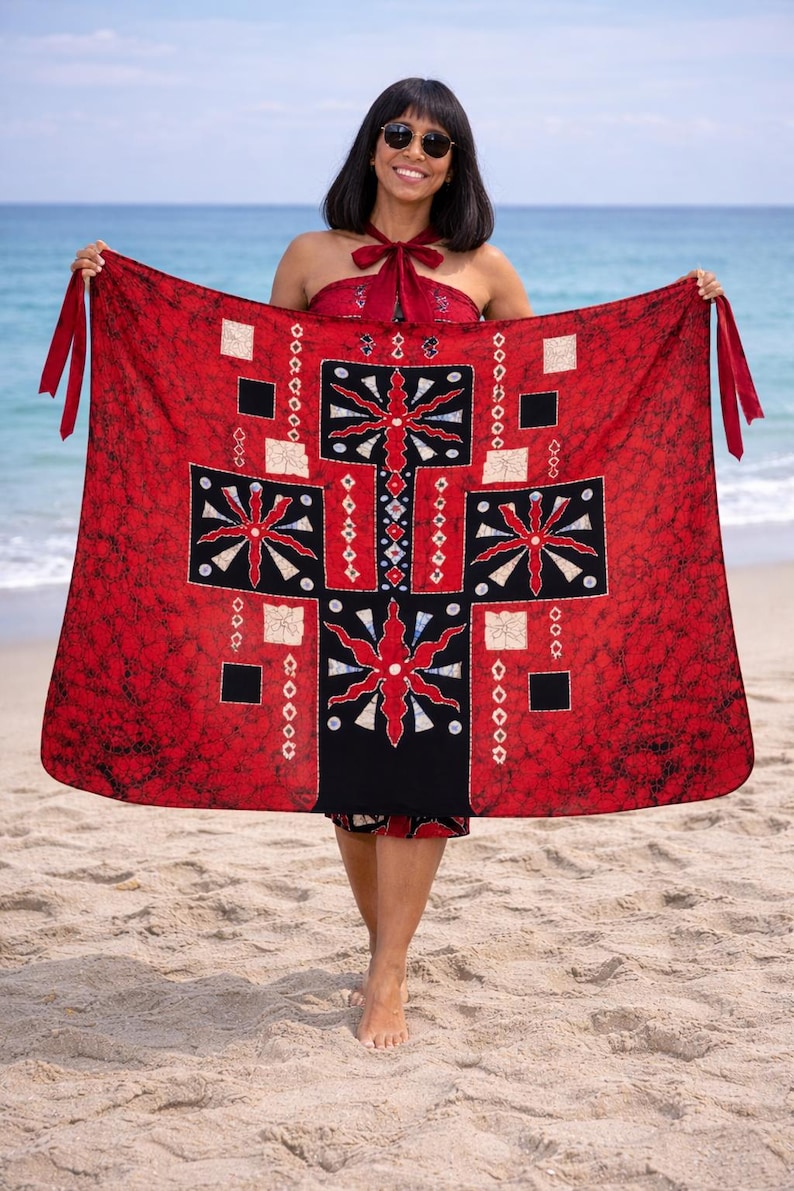 Handmade Batik Beach Wrap | Red & Black Wearable Art Sarong - Etsy
