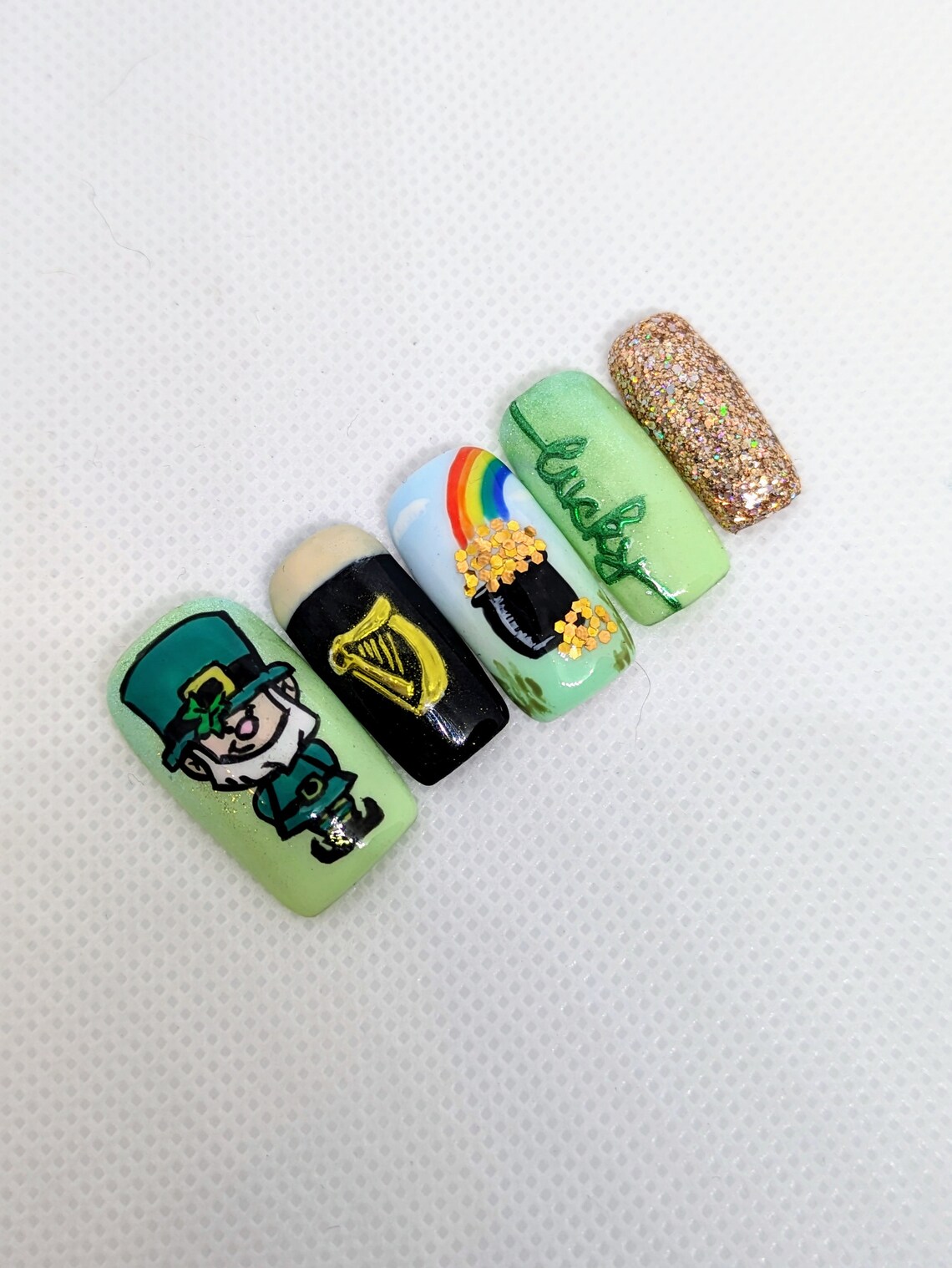 St Patrick's Day Press on Nails, 10 Unique Hand Painted Colourful Nails With Application Kit ...
